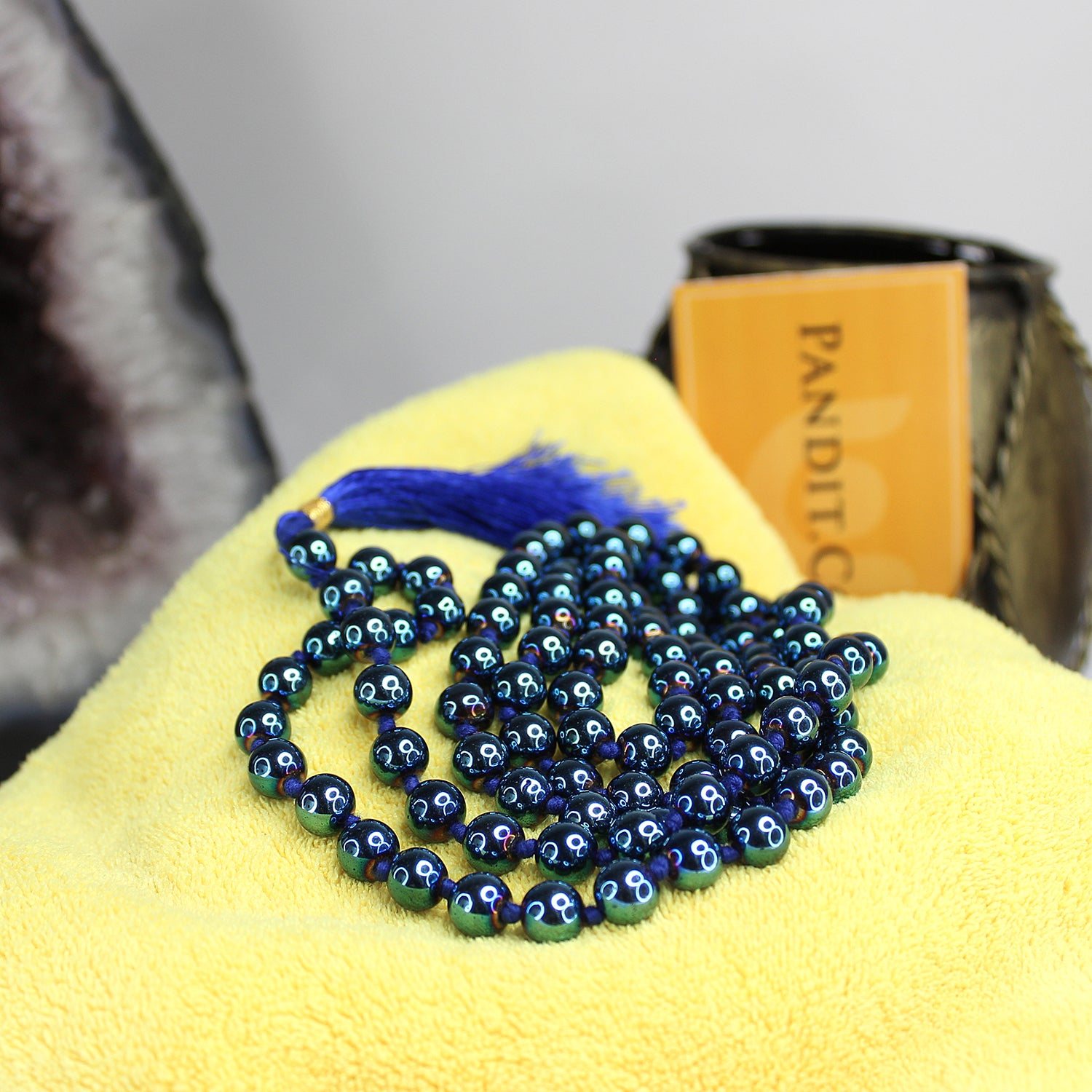 Blue Peacock Hematite Mala - To Attract & Balance Energy - MahaGuru